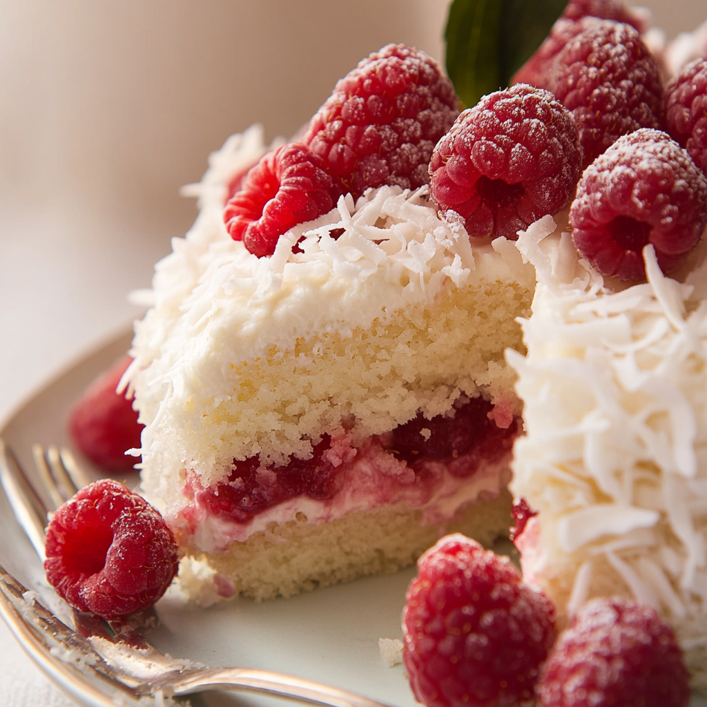 Raspberry Surprise Coconut Snowball Cake