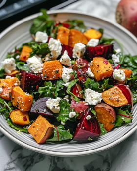 Creamy Roasted Beet & Sweet Potato Salad with Feta – Healthy