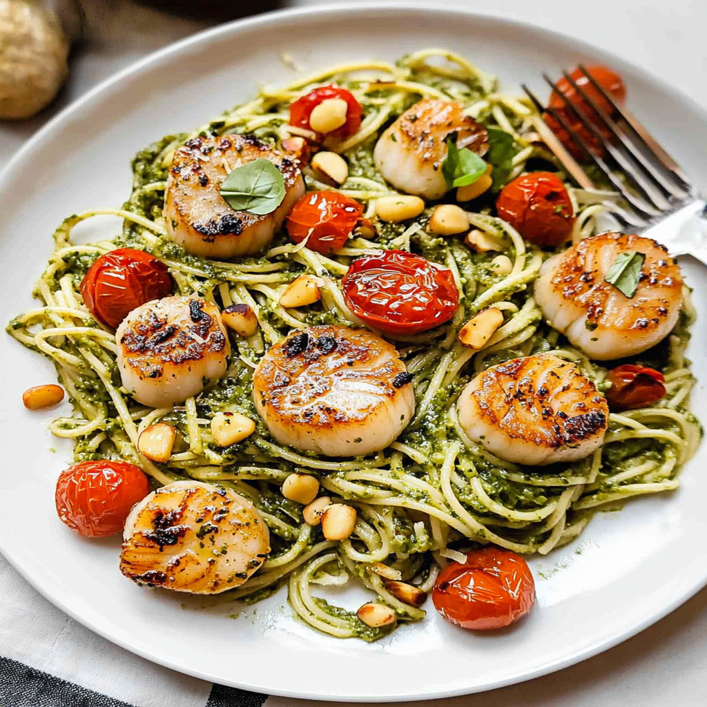 Seared Scallop Pesto Pasta with Pine Nuts & Roasted Tomatoes